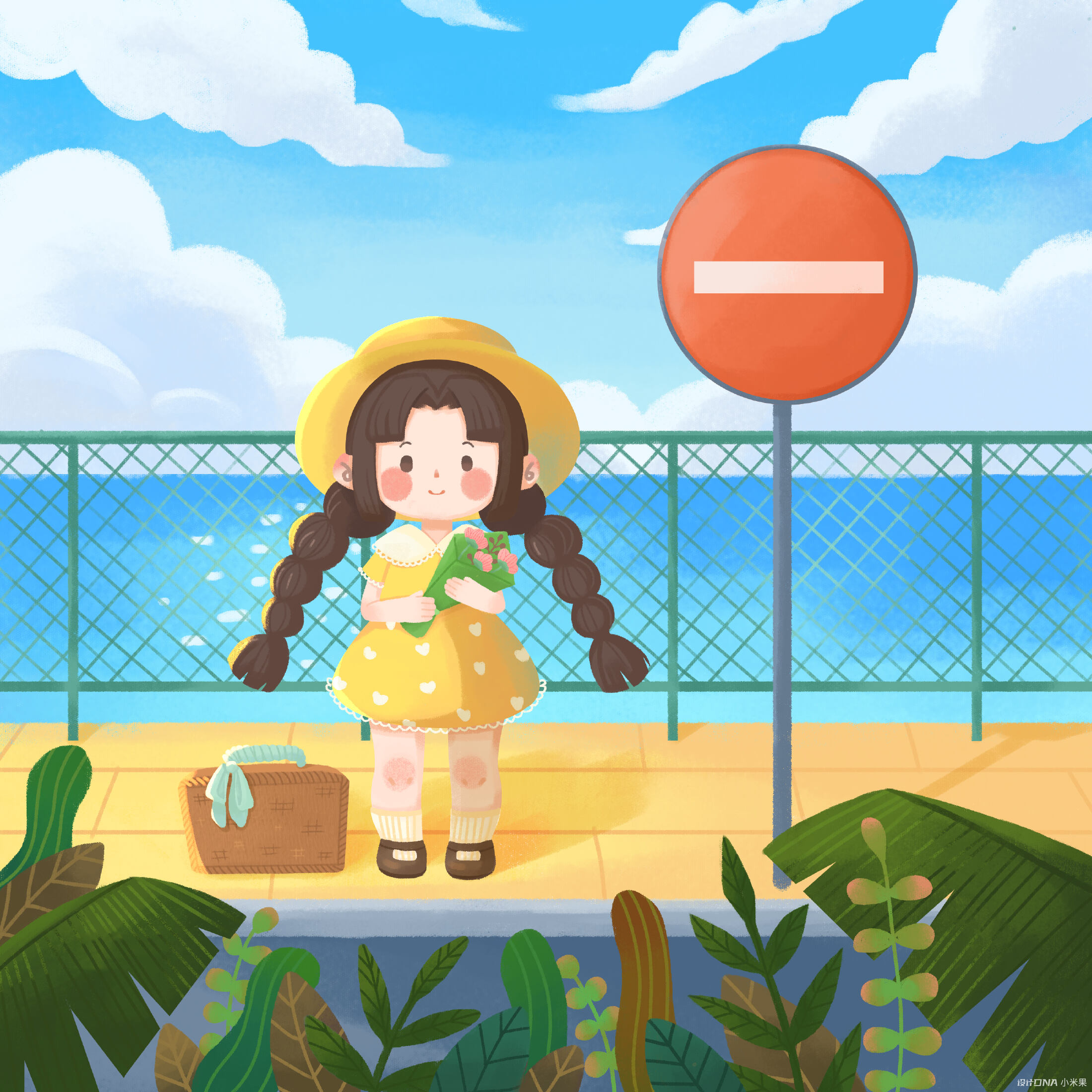 海边女孩风格插画设计作品 设计人才灵活用工 设计dna